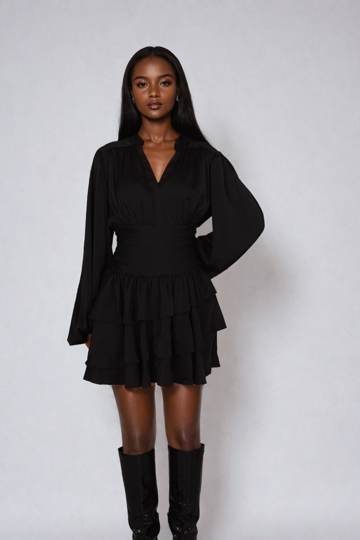 Nadine Belted Ruffle Dress - Regal Onyx – Kayani